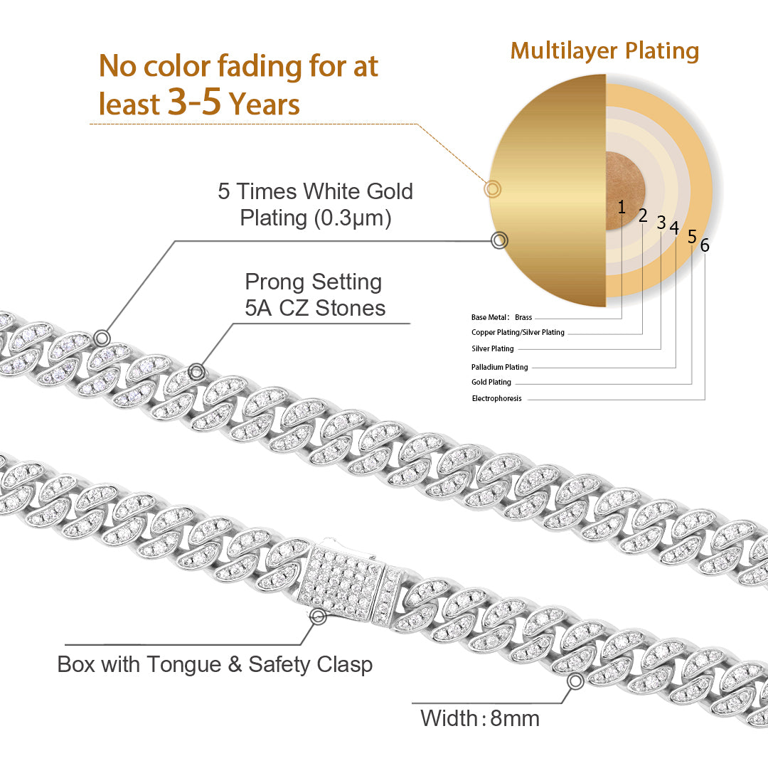 8mm Iced Out Cuban Link Chain and bracelet Set In White Gold for Men/Women-KRKC&CO – krkc&co