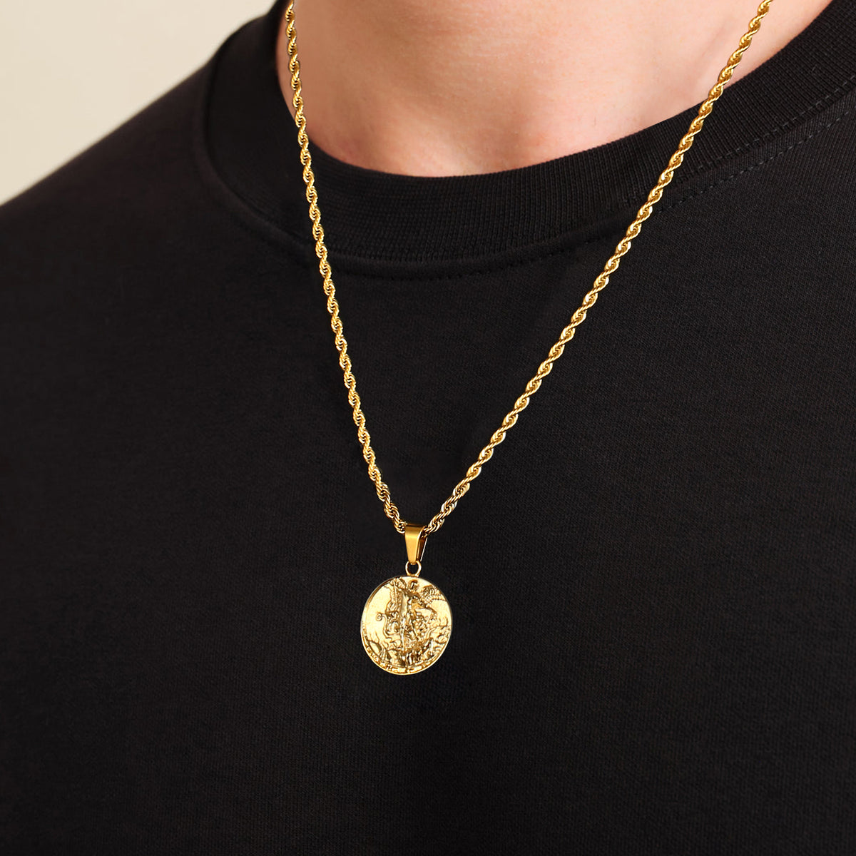 Gold Angle Coin Pendant Necklace with Rope Chain for Men – krkc&co