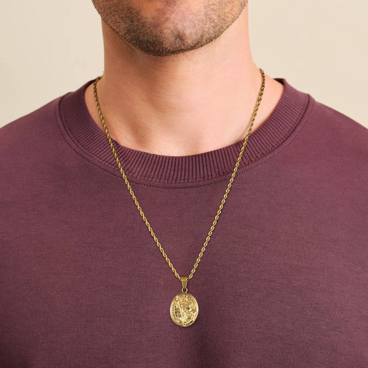 St Christopher Oval Gold Coin Pendant Necklace with Rope Chain for Men ...