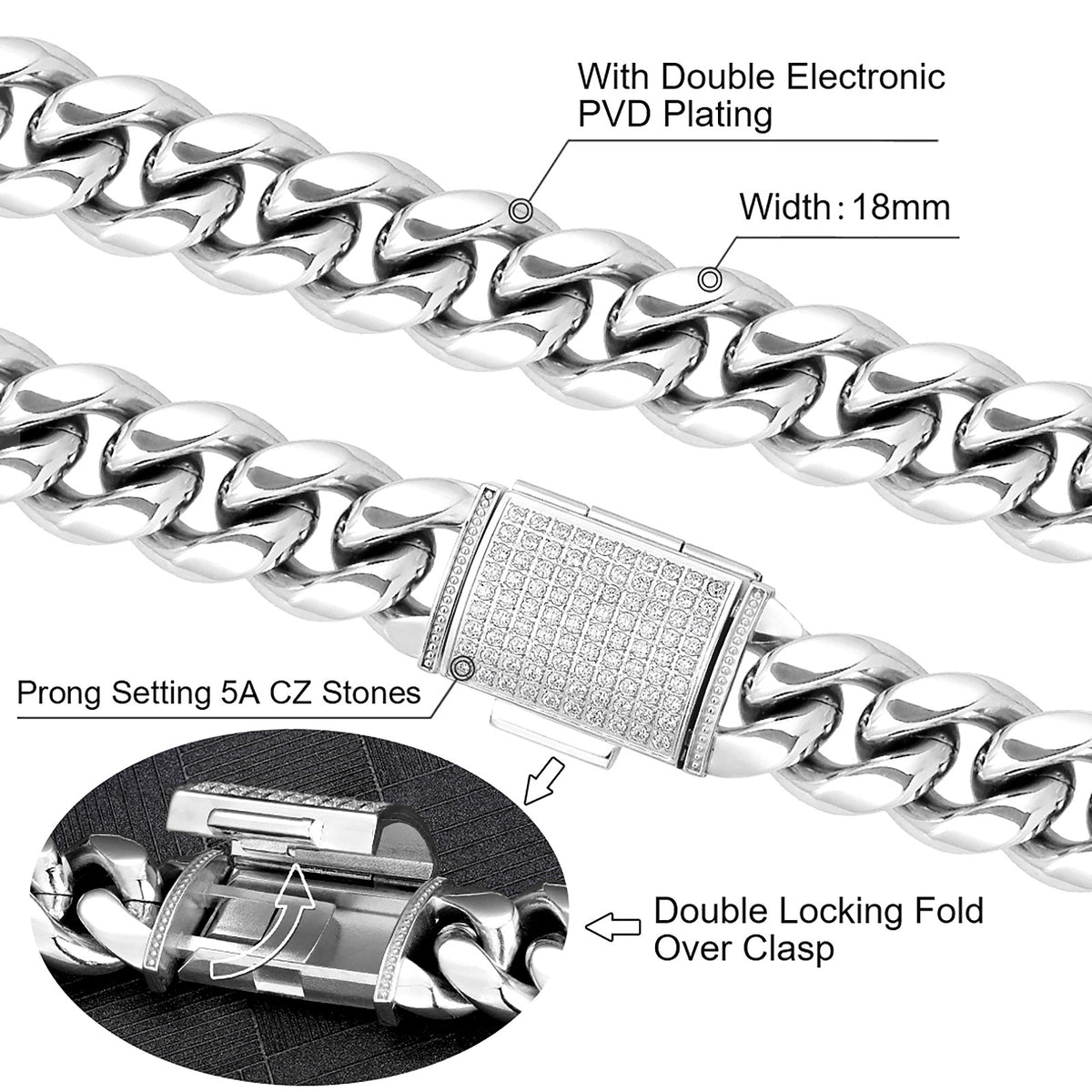 18mm Box Clasp Cuban Link Chain in White Gold for Men's Necklace KRKC ...