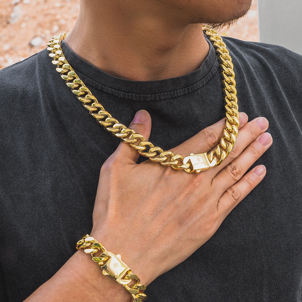 14mm Curb Chain and Bracelets Set with Hook Buckle Clasp in 18K Gold ...